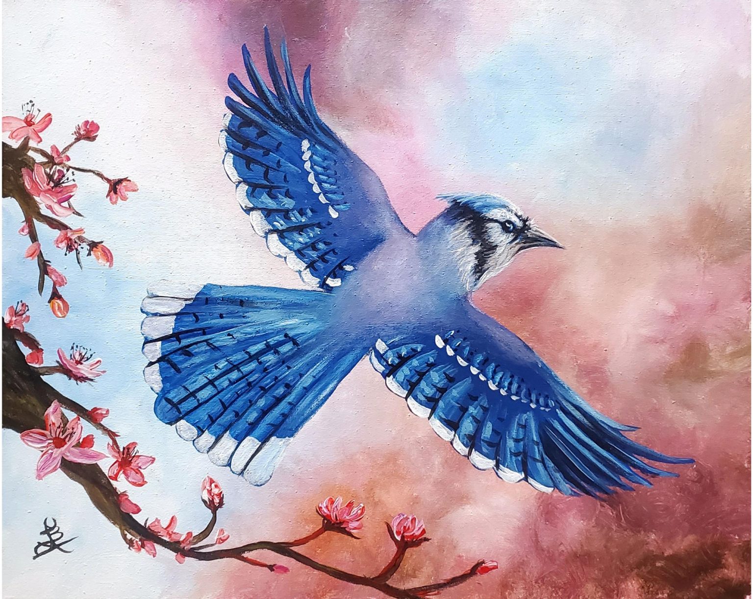 Cherry Blossom Blue Jay Painting - Palette and Pub